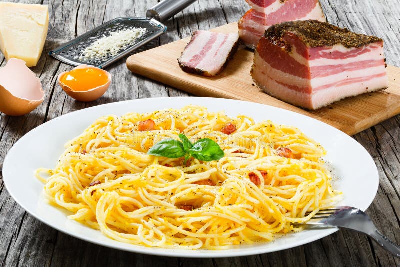 Spaghetti Carbonara Basil Eggs Yolk Grated Parmesan Cheese B Stock