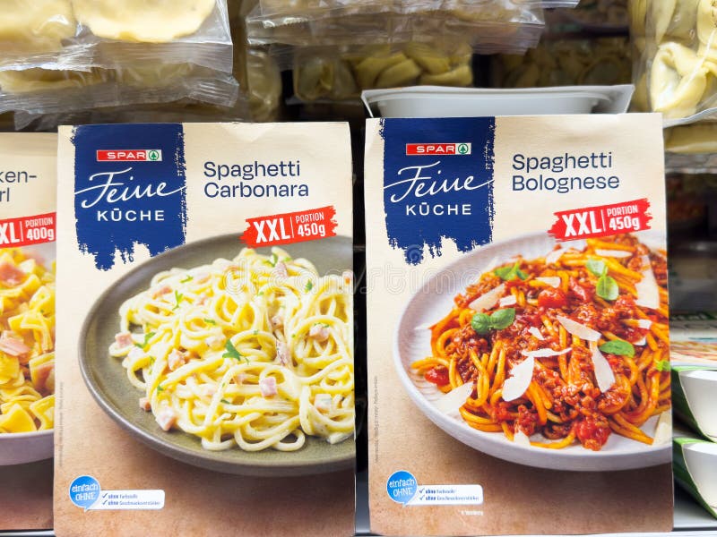 Spaghetti Carbonara and Bolognese Packaging on Store Shelf Editorial ...