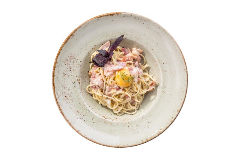 Spaghetti Carbonara With Egg Yolk Isolated On White Background Stock