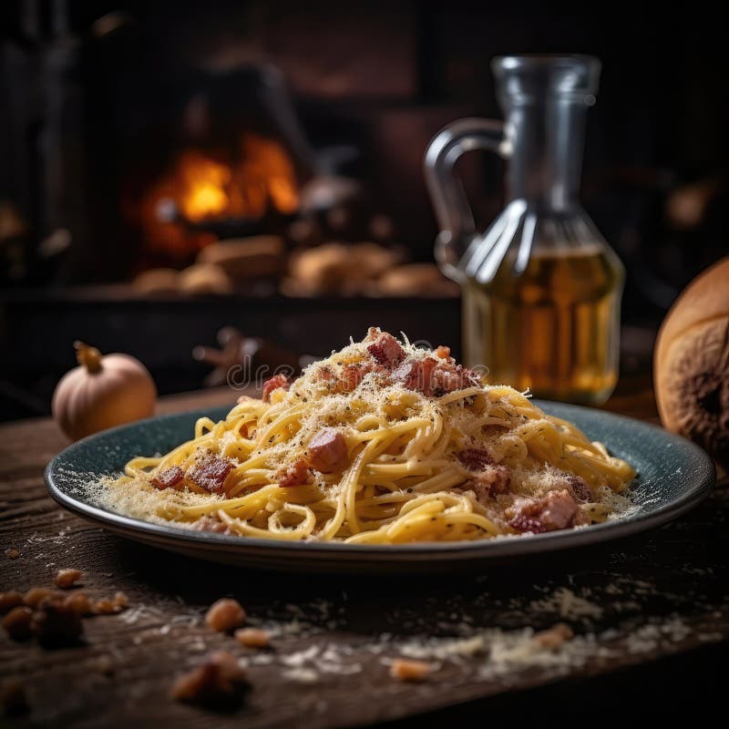 Spaghetti Carbonara Italy on Stone in Rustic Pub. Generative AI Stock ...