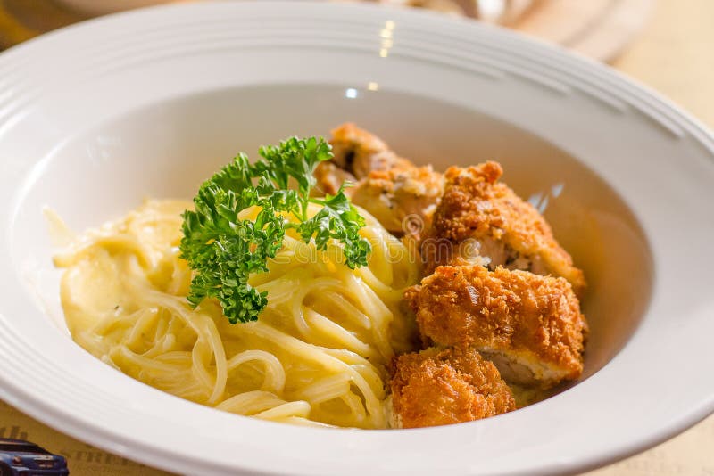 Spaghetti Carbonara with Deep Fried Pork Stock Image - Image of lunch ...