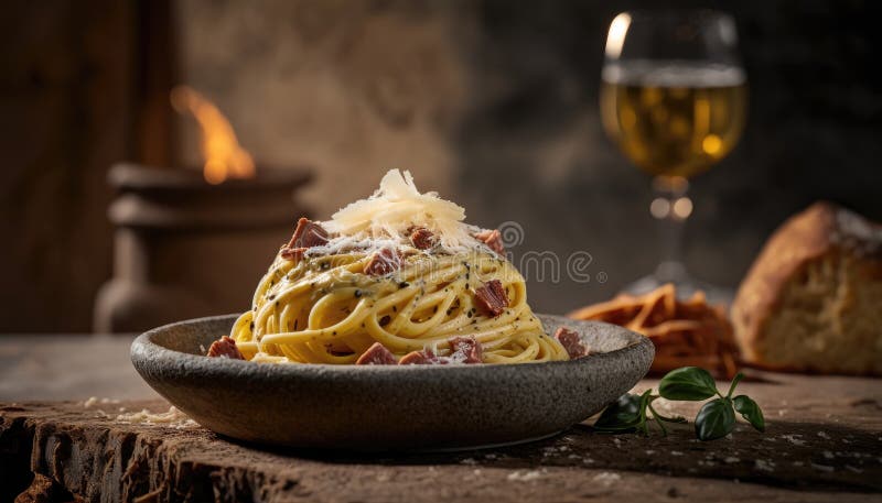 Spaghetti Carbonara on Stone, Blurred Background, Rustic Pub ...