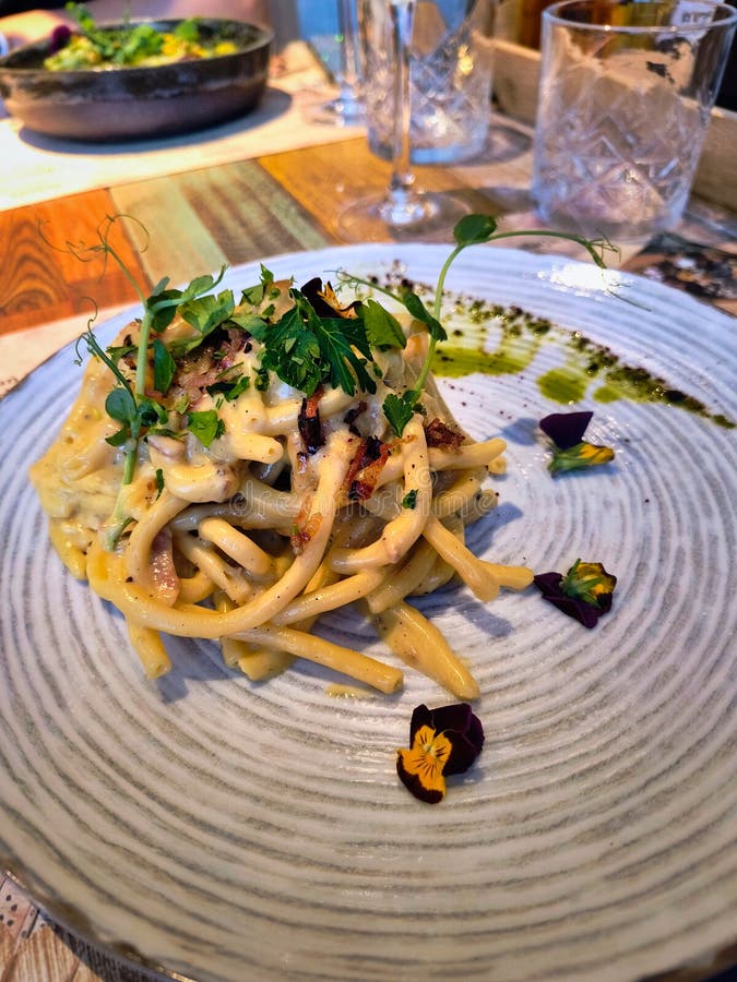 Spaghetti Carbonara in a Traditional Italian Restaurant Stock Image ...