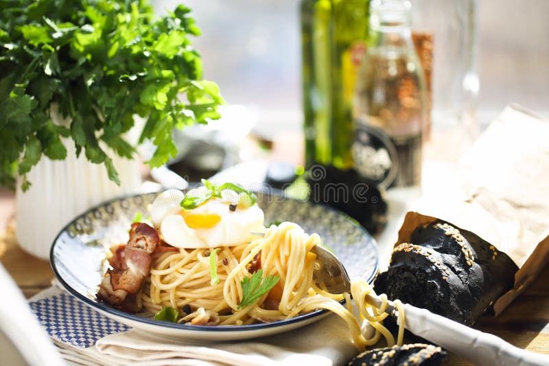 Spaghetti Carbonaraby the Window with Arty Garnish Stock Photo - Image ...