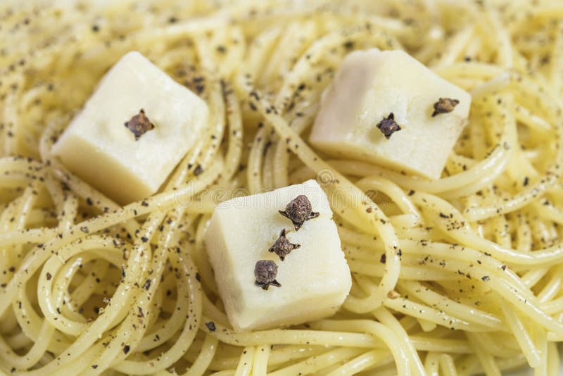 Spaghetti with Cheese Cubes Stock Photo - Image of fantasy, cheese ...