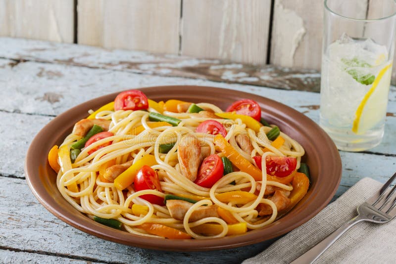 Spaghetti with chicken stock photo. Image of fillet, food - 51716994