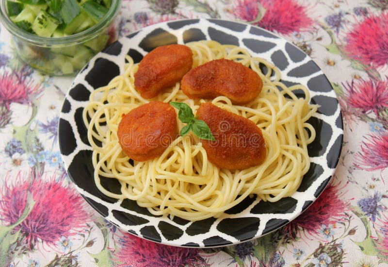 Spaghetti With Chicken Nuggets Stock Image - Image of gastronomy ...