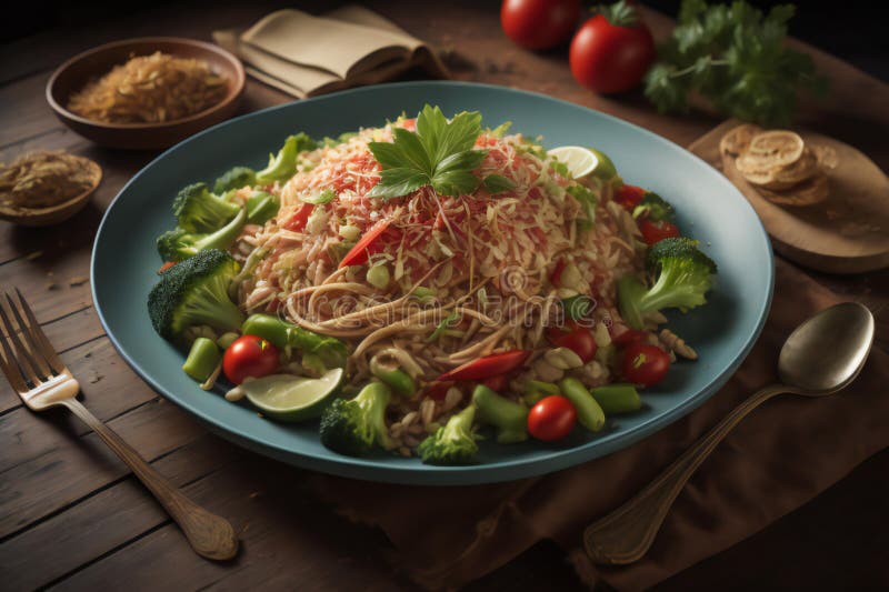 Spaghetti with Chicken and Vegetables on a Blue Plate on a Wooden Table ...