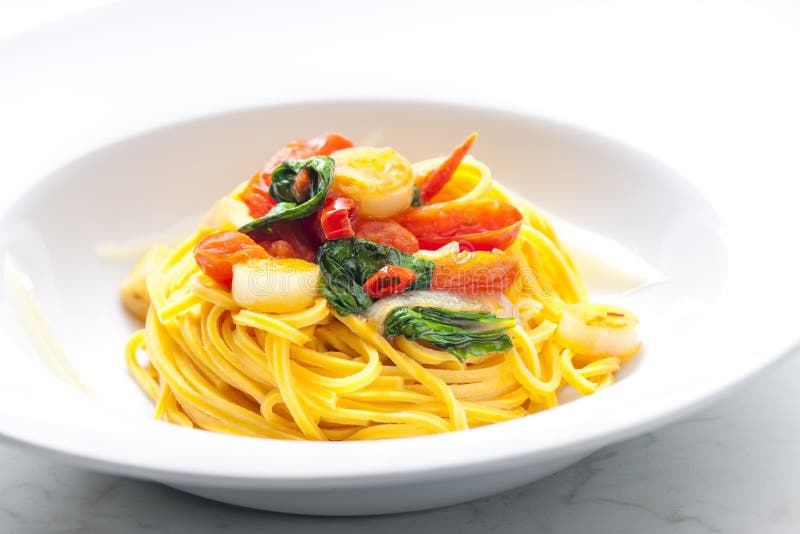 Spaghetti with Chilli Tomatoes and Spinach Stock Image - Image of dish ...