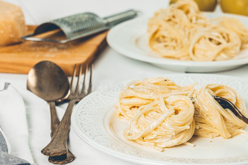 Spaghetti with Cream Cheese and Parmesan Stock Image - Image of foodie ...