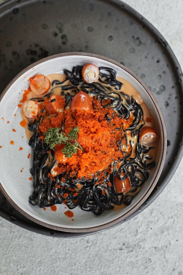 Spaghetti Cream Sauce with Ebiko Stock Image - Image of orange ...