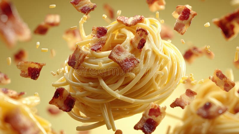 Spaghetti and Crispy Bacon Pieces Float Against a Yellow Background ...