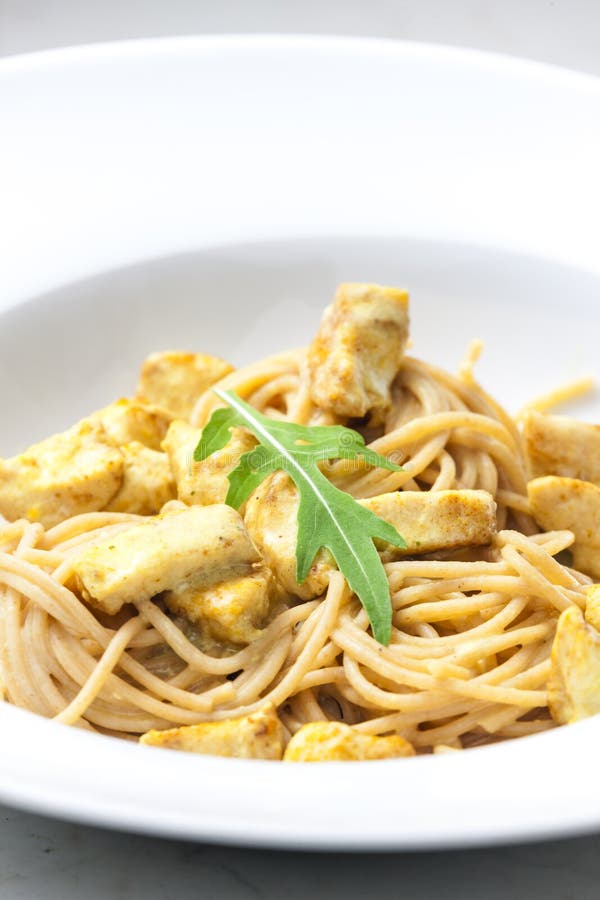 Spaghetti with Curry Chicken Meat Stock Photo - Image of life, curry ...