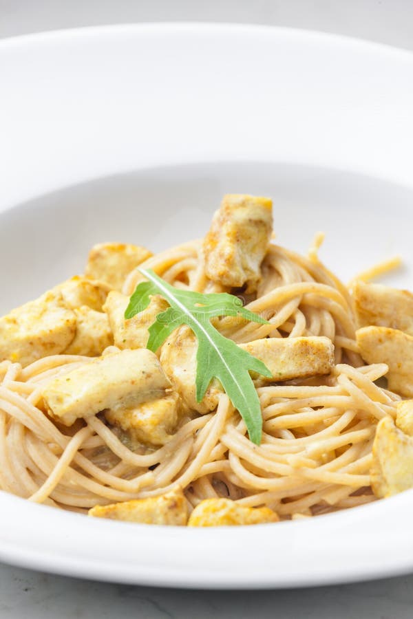 Spaghetti with Curry Chicken Meat Stock Photo - Image of dish, meat ...
