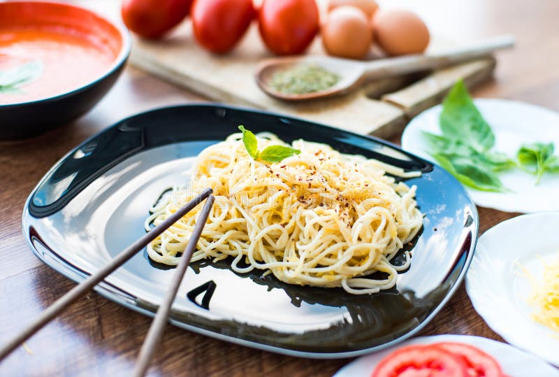 Spaghetti dinner stock image. Image of eggs, japan, chop - 44502553