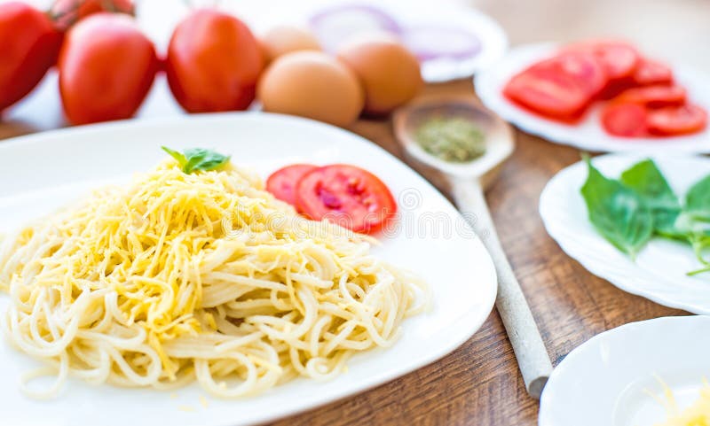 Spaghetti dinner stock image. Image of basil, cheese - 47523957