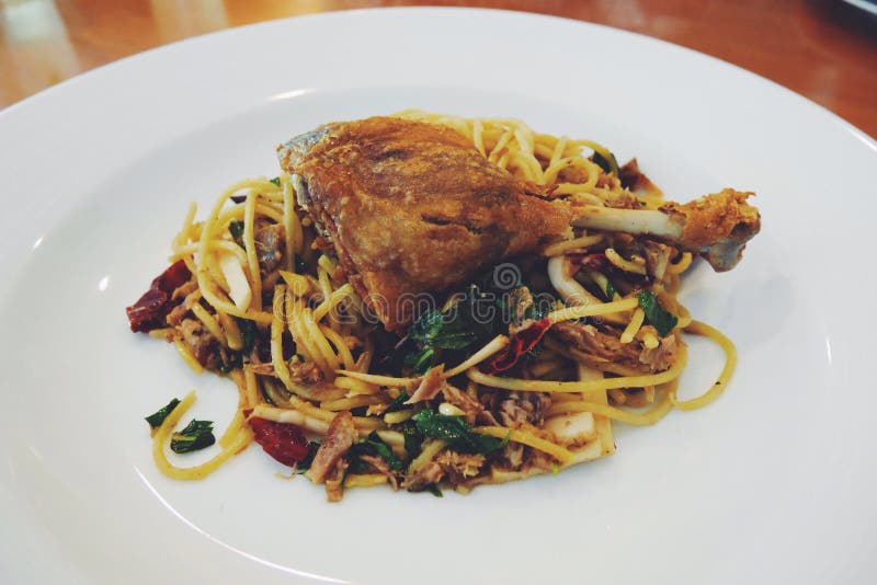 Spaghetti stock image. Image of duckconfit, pasta, duck - 65275213