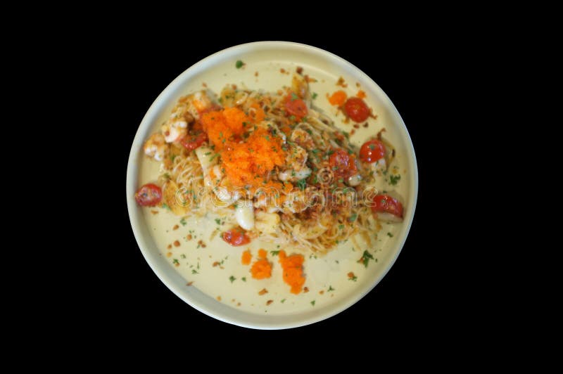 Spaghetti Ebiko, Topping with Ebiko on White Plate. Seafood Stock Photo ...