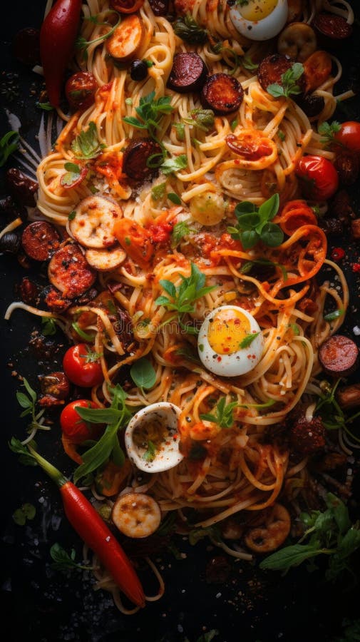 Spaghetti with Eggs and Vegetables on a Black Background Stock ...