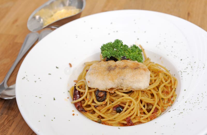 Spaghetti and fish fried stock image. Image of delicious - 95881371