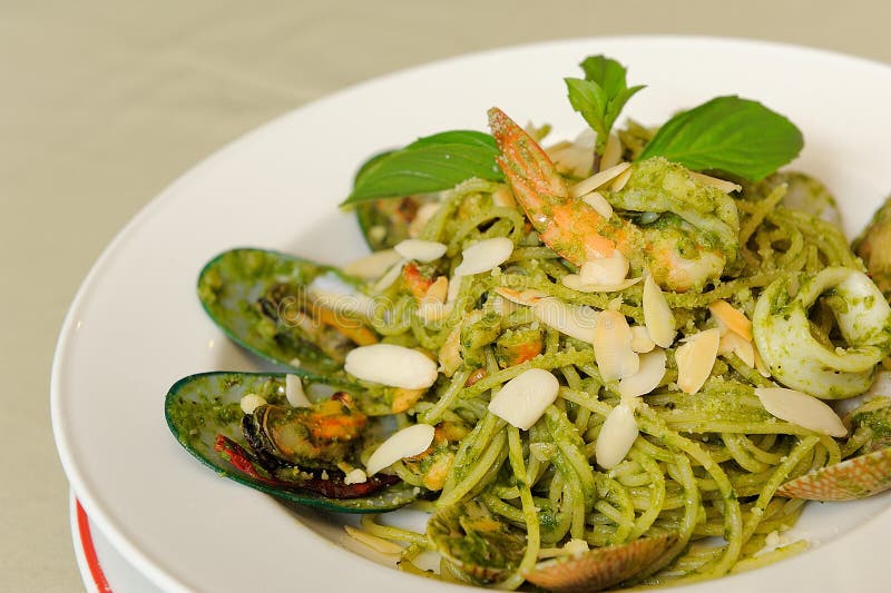 Spaghetti Genovese with Seafood Stock Photo - Image of genovese, close ...