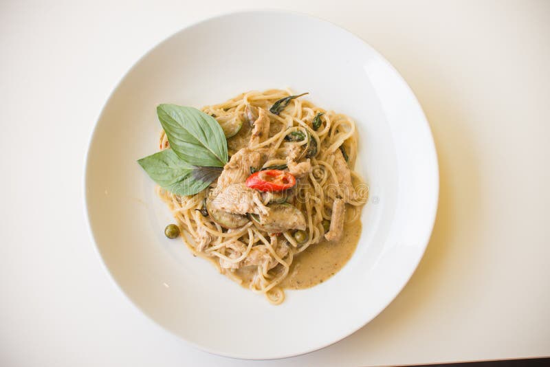 Spaghetti Green Curry Chicken Stock Image - Image of chicken, meal ...