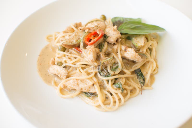 Spaghetti Green Curry Chicken Stock Image - Image of green, italian ...