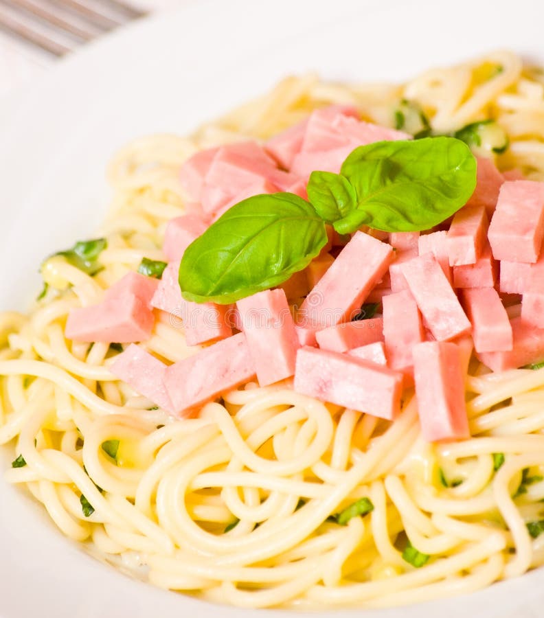 Spaghetti with Ham, Cheese and Basil Stock Photo - Image of food, dish ...