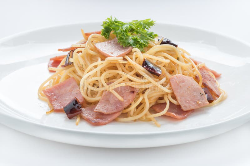 Spaghetti with Ham and Chilli on White Background Stock Photo - Image ...
