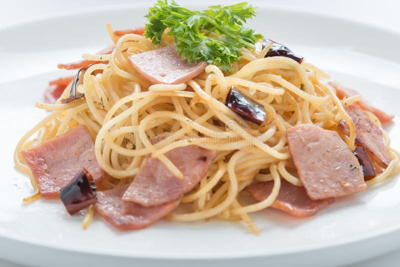 Spaghetti with Ham and Chilli. Stock Photo - Image of dish, food: 61493214