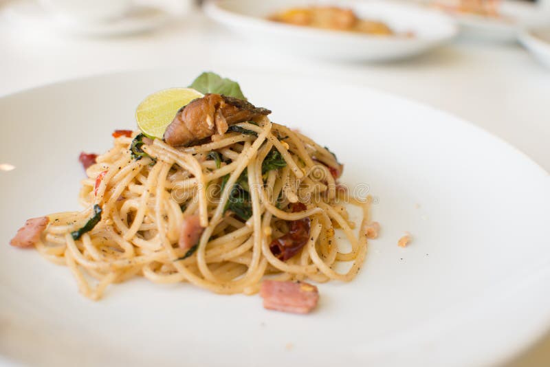 Spaghetti ham and fish stock photo. Image of plate, fish - 55170498