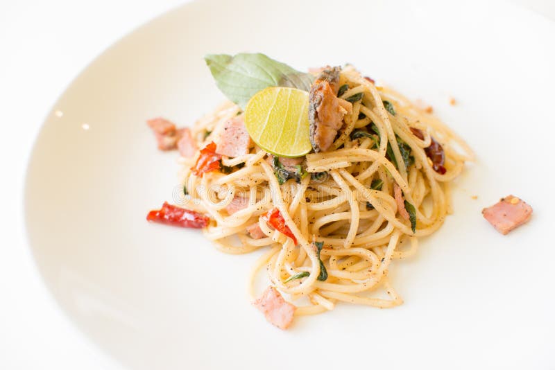 Spaghetti ham and fish stock image. Image of food, salmon - 55170621