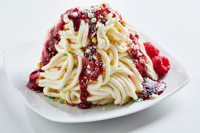 Spaghetti Ice Cream With Sweet Raspberry Sauce Stock Image Image Of Restaurant Product 113680545