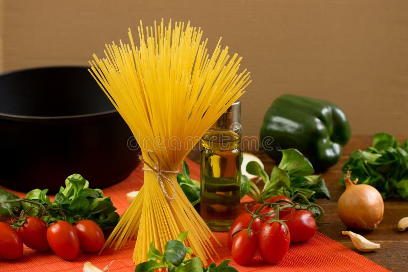 Spaghetti and ingredients stock image. Image of mediterranean - 51337183