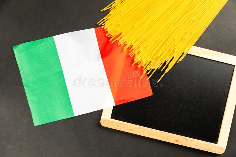 Spaghetti with an Italy Flag on a Black Background and Blackboard Stock ...