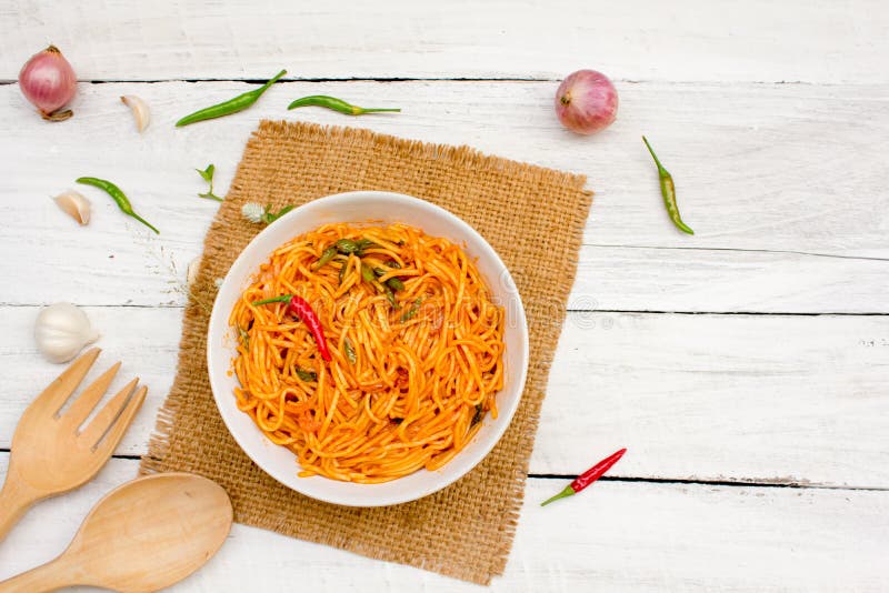 Spaghetti Line on White Wooden Floor, Table Top Stock Photo - Image of ...