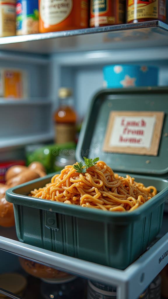 Spaghetti in Lunchbox Inside Refrigerator with Pantry Items Stock Image ...