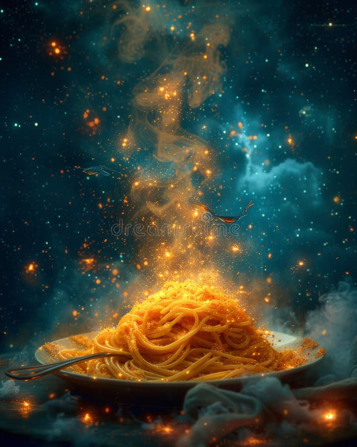 Spaghetti with Magic Wand Spaghetti Flying in the Air on Dark ...