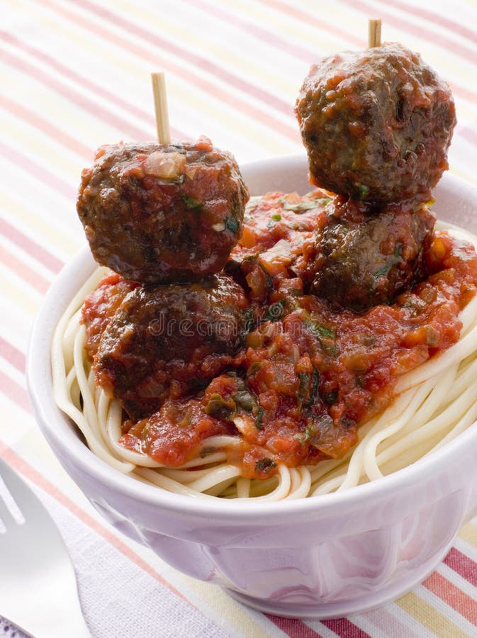 Spaghetti with Meatball Sticks Stock Image - Image of meatballs, garlic ...