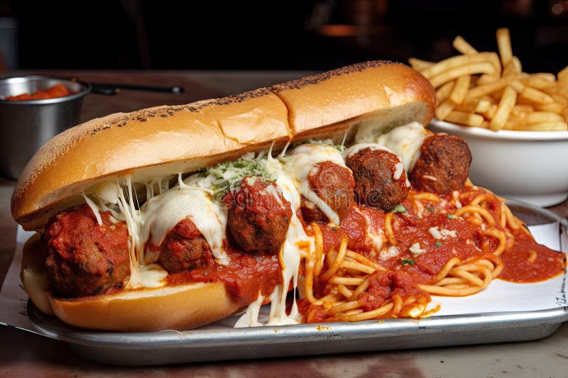 Spaghetti and Meatball Sub, Piled High with Meatballs and Sauce Stock ...