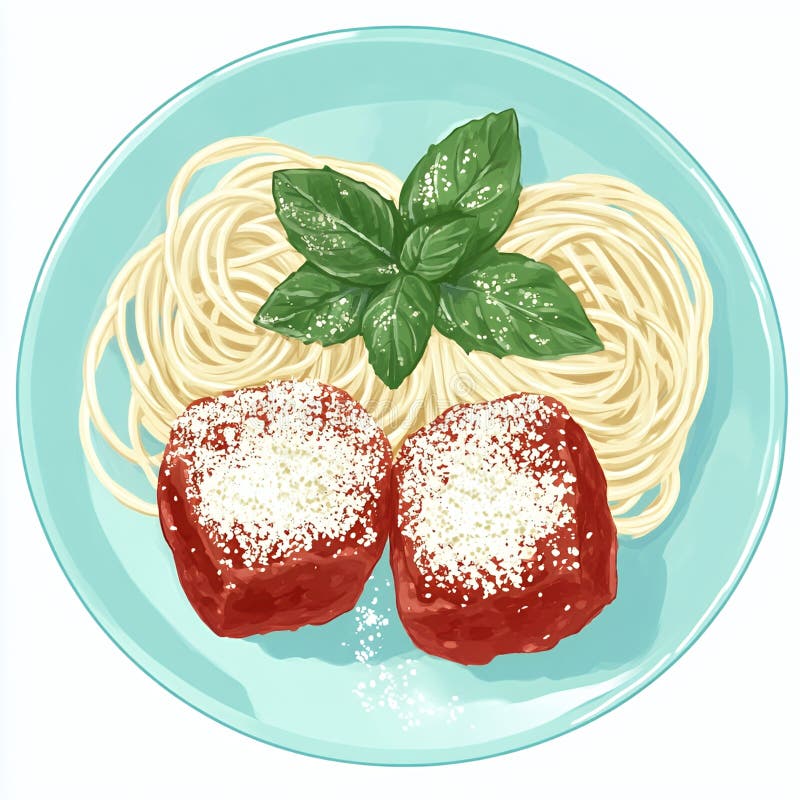 Spaghetti with Meatballs and Basil on a Blue Plate Stock Illustration ...