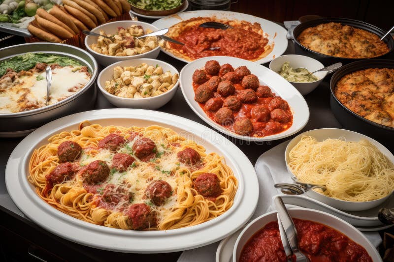 Spaghetti and Meatballs Feast, with Multiple Plates of Spaghetti and ...