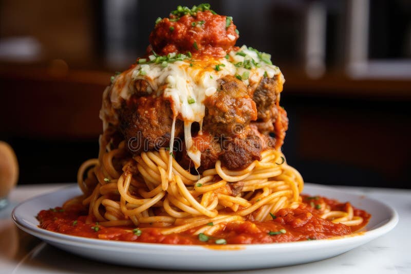 Spaghetti and Meatballs Tower, Overflowing with Noodles and Sauce Stock ...