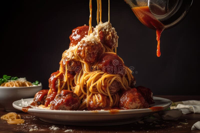 Spaghetti and Meatballs Tower, Overflowing with Noodles and Sauce Stock ...