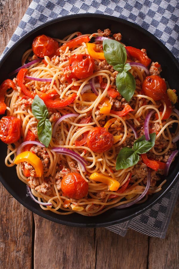 Spaghetti with Minced and Vegetables Closeup. Vertical Top View Stock ...