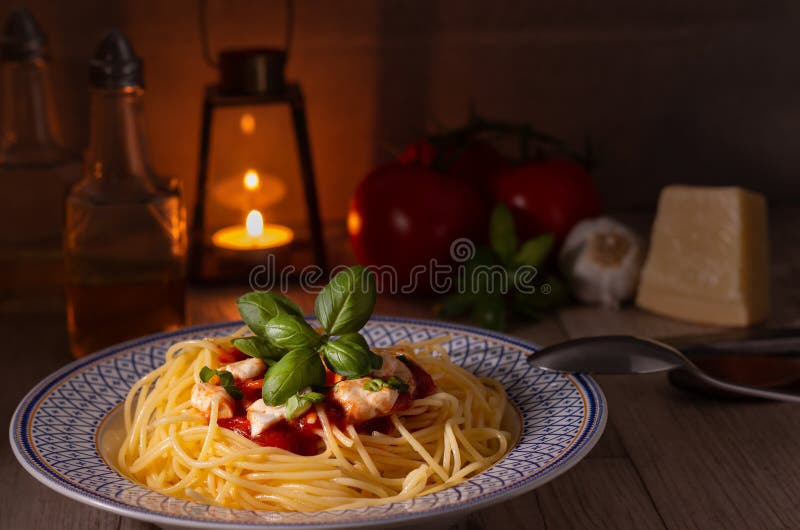 Spaghetti with Mozzarella and Tomato Sauce Stock Image - Image of basil ...