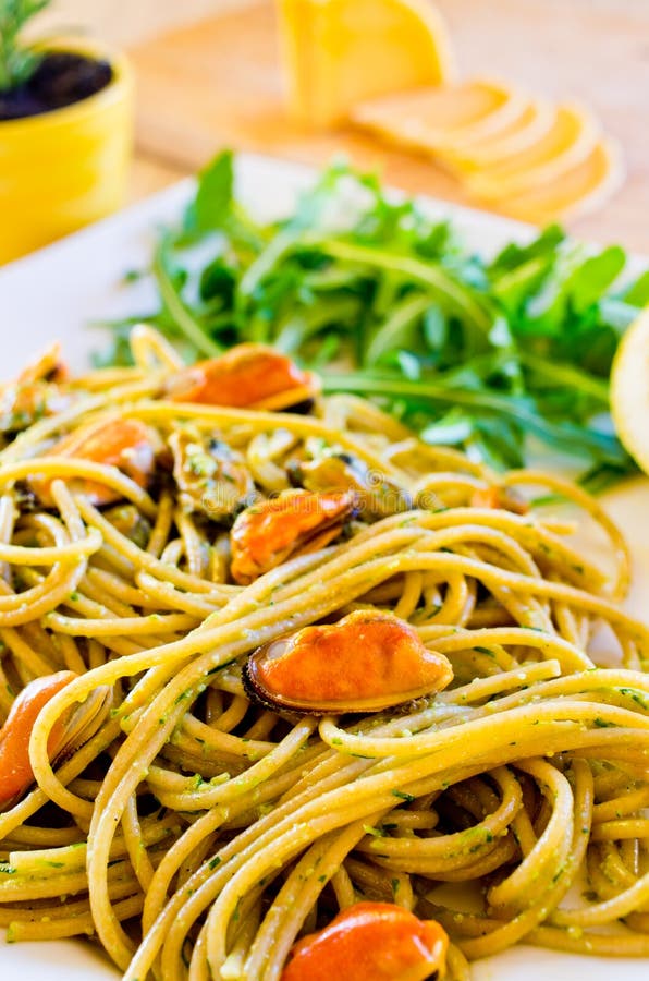 Spaghetti with Mussels Meat and Pesto Stock Photo - Image of delicious ...