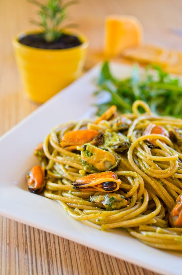 Spaghetti with Mussels Meat and Pesto Stock Photo - Image of mussels ...