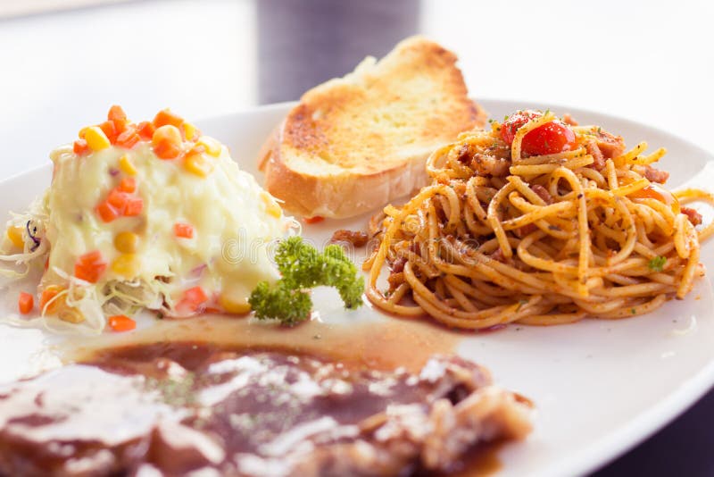 Spaghetti in my lunch stock photo. Image of steak, meat - 39632450