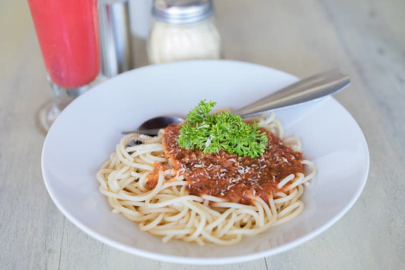 Spaghetti Napoli on Table in Restaurant. Stock Image - Image of noodle ...